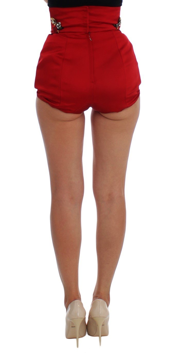 Red Silk Crystal Roses Shorts Fashion