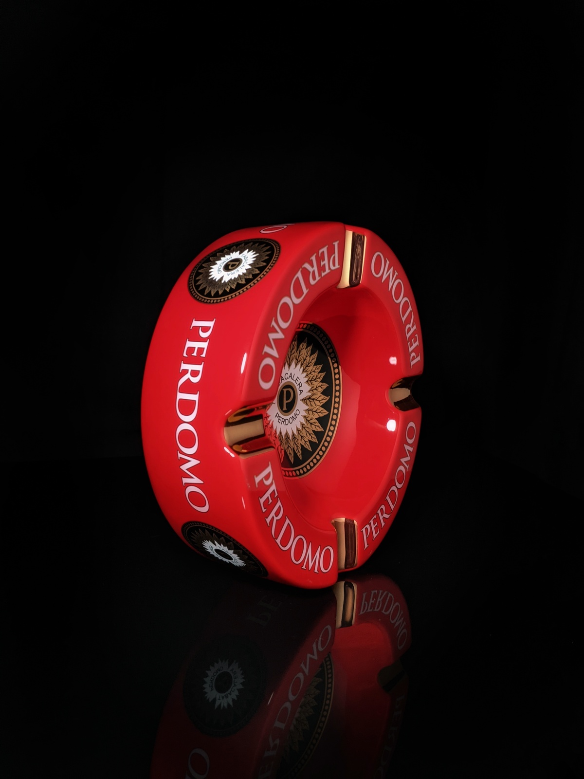 Perdomo Red and Gold Ceramic Large Cigar Ashtray 9" Diameter NIB - Ashtrays