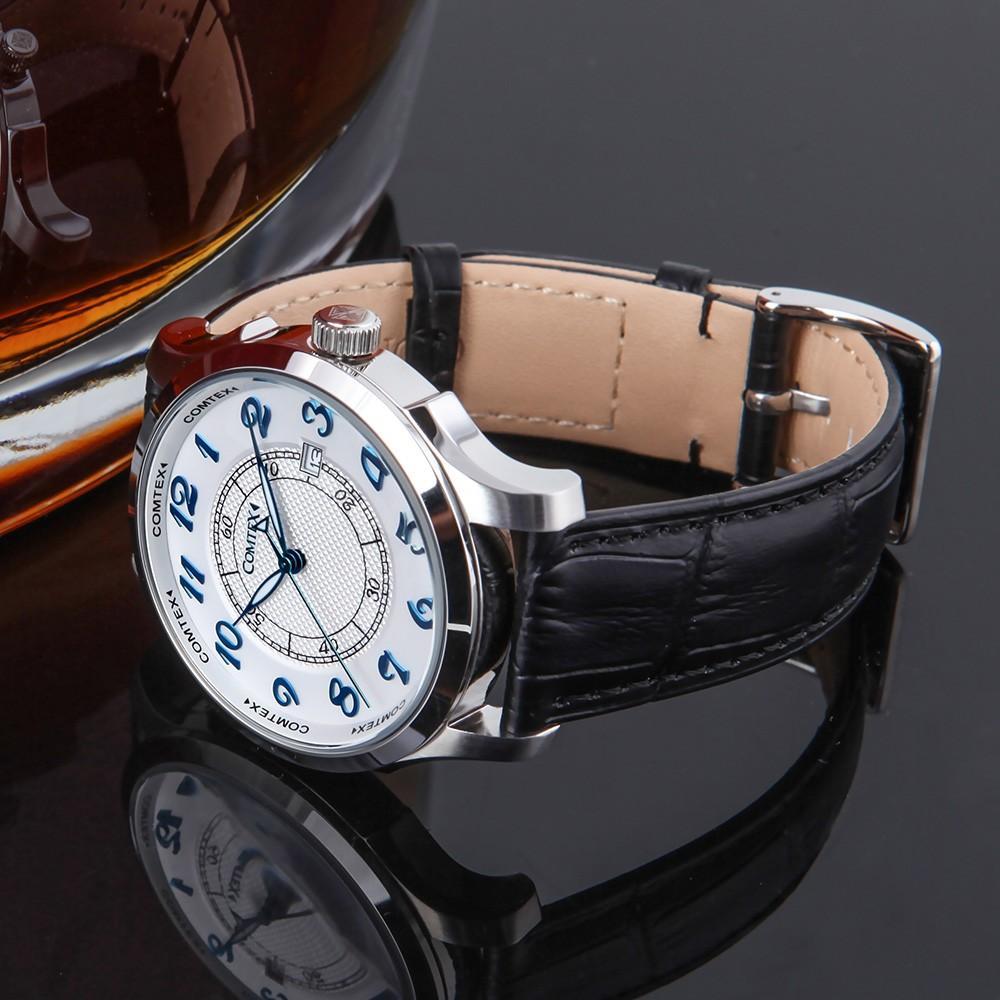 COMTEX Men's Watch Stainless Case with Simple Leather Strap Large ...
