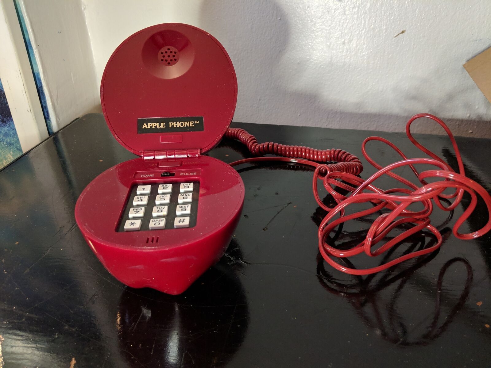 Vintage 1980's Red Apple Phone™ apple shape flip phone with chord and ...