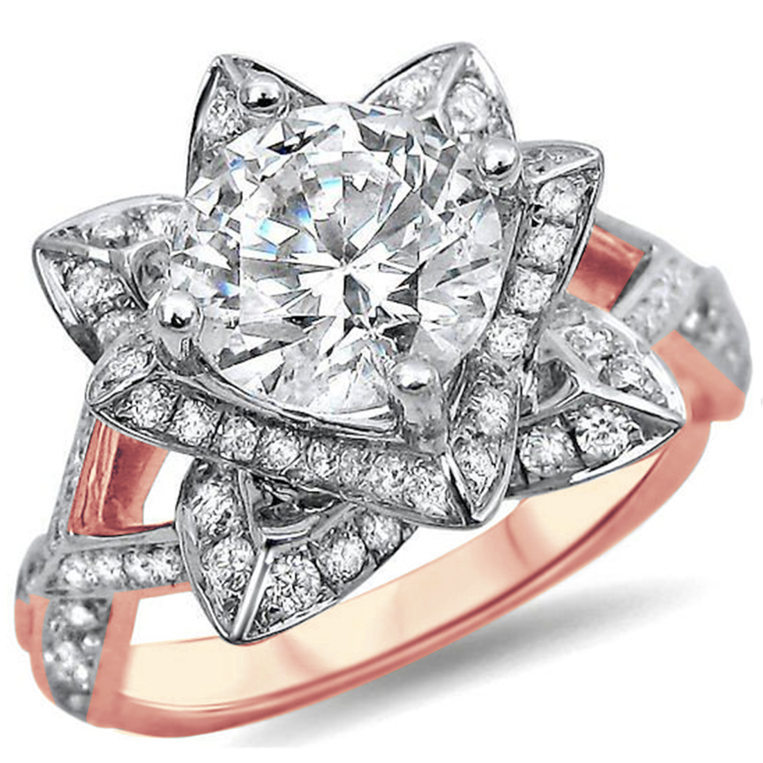 1.50 Ct Round Cut Lotus Flower Sim.Diamond Engagement Ring 14K Rose ...