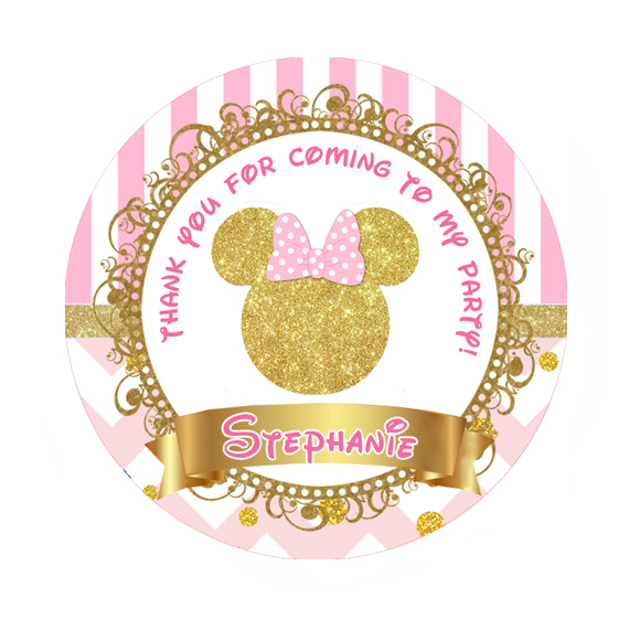 printed Gold Minnie Mouse Birthday circle round sticker - Favors ...
