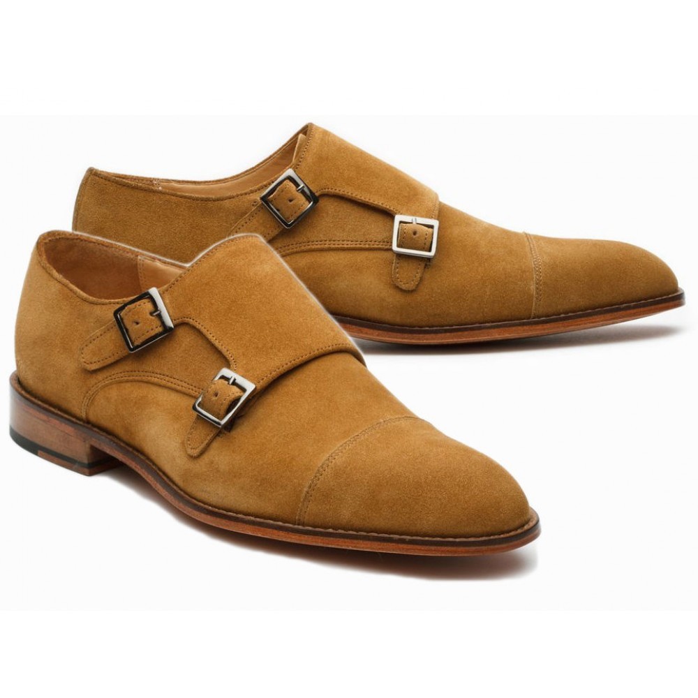 Made To Order Tan Double Buckle Strap Monk Suede Leather PartyWear Men ...