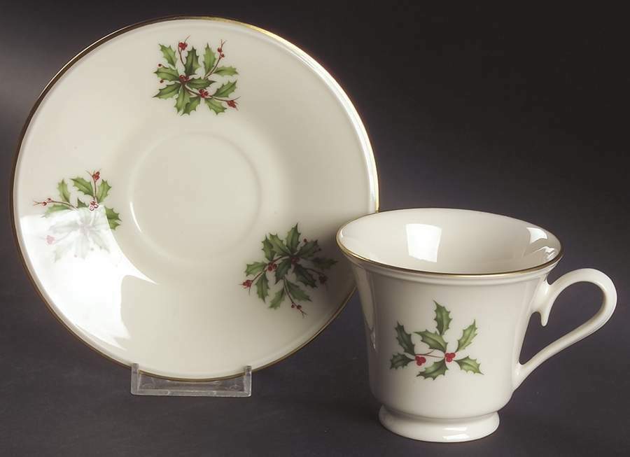 6 Lenox Tea Cup 6 Saucers Holiday Dimension Collection Holly Berries ...