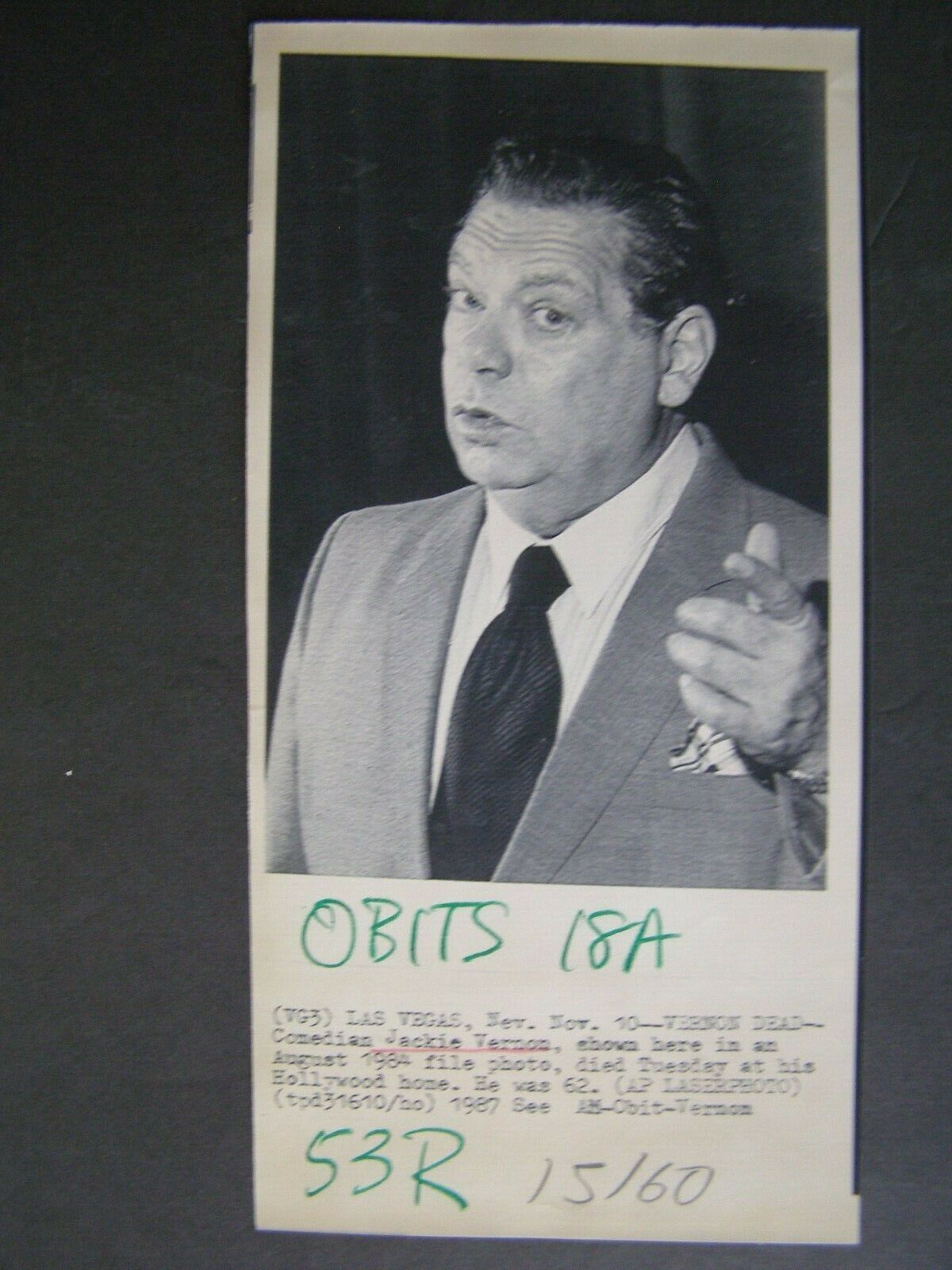 AP Wire Press Photo 1987 Comedian Jackie Vernon Died Tues in His ...