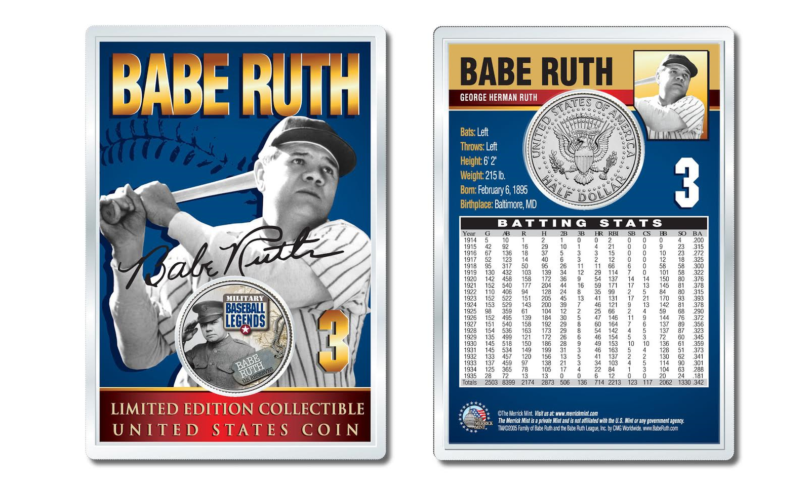 BABE RUTH - Military Legends OFFICIAL JFK Half Dollar US Coin in ...