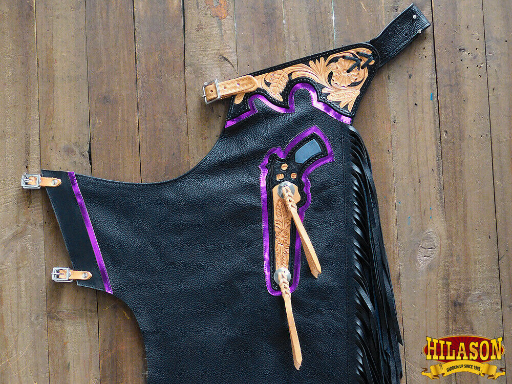 Hilason Pro Rodeo Bull Riding Chaps Genuine Leather Western Black U ...