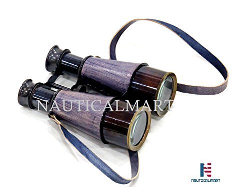 NauticalMart Binocular with Leather Overlay in Wood Box - Binoculars ...