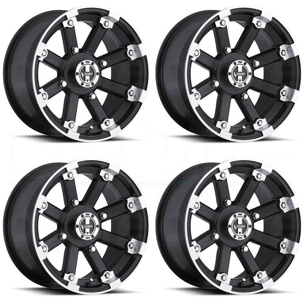 15x8 Vision ATV 393 Lockout 4x110 -10 Black Machined Wheels Rims Set(4 ...