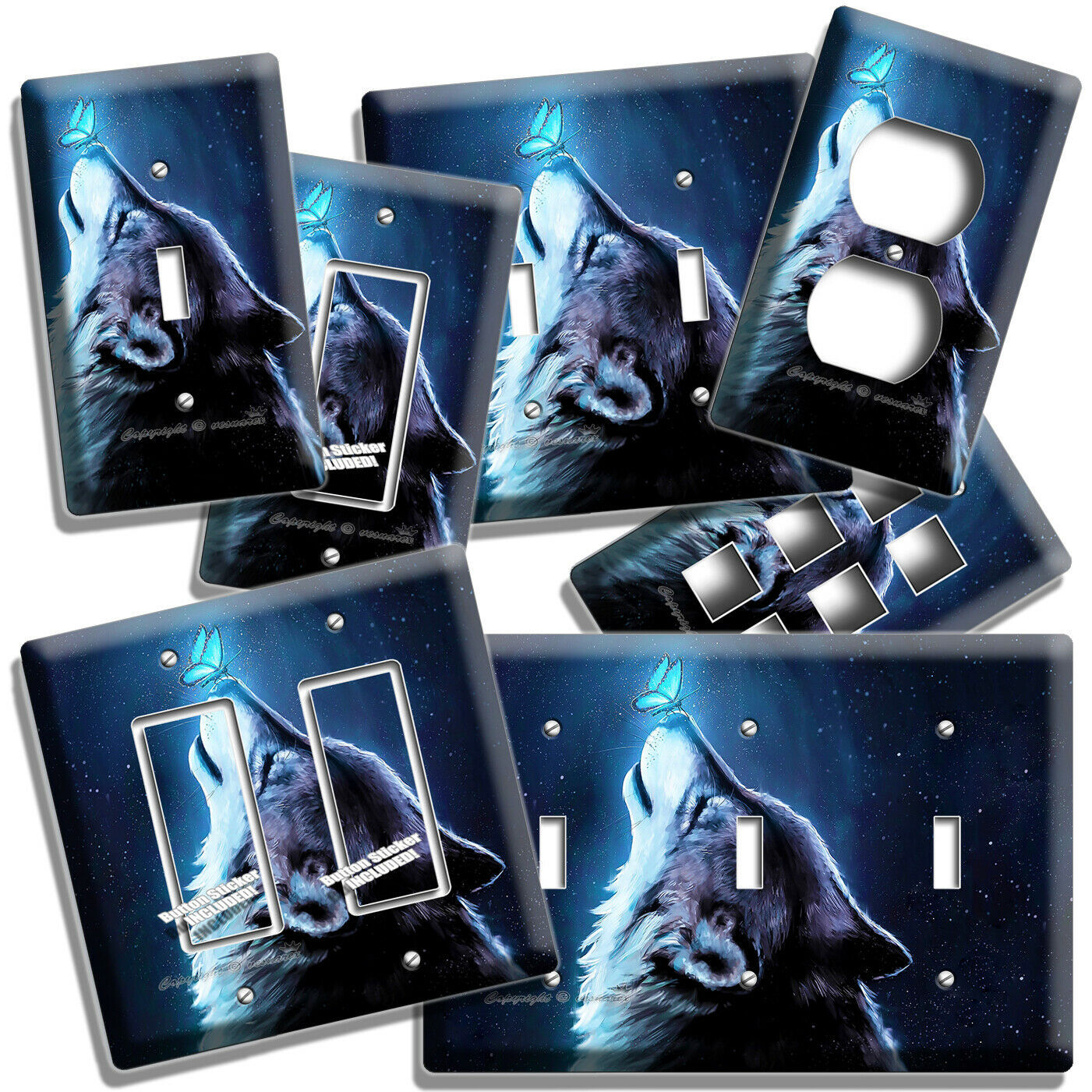 GRAY WOLF WITH GLOWING BUTTERFLY NIGHT SKY LIGHT SWITCH OUTLET WALL ...