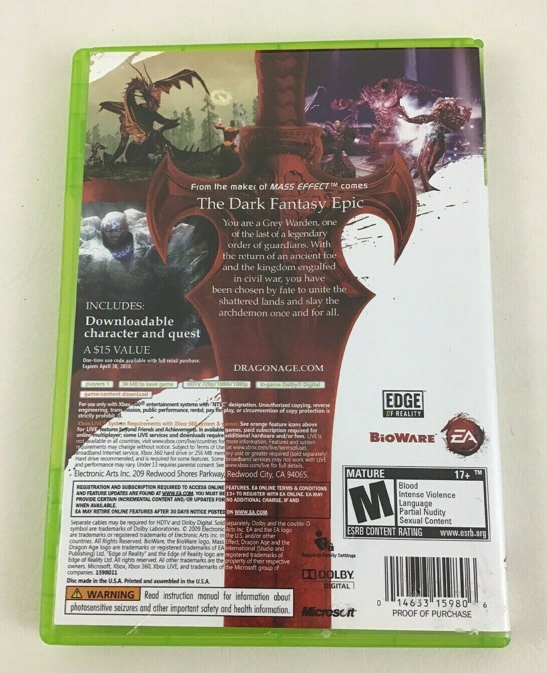 Dragon Age Origins Xbox 360 Video Game Bioware EA M Rated Complete ...