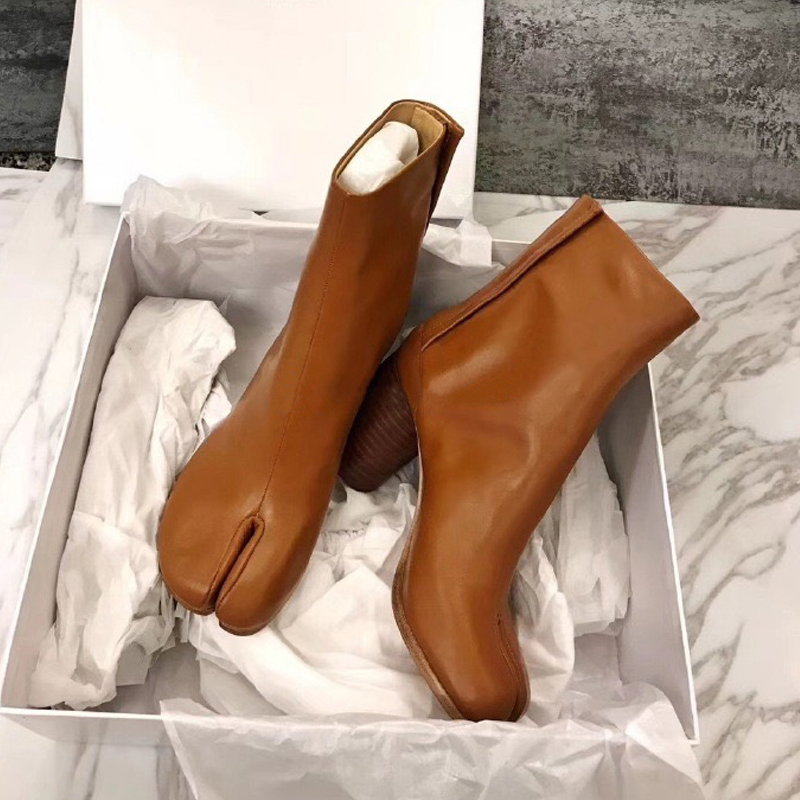 Real Leather Split Toe Boots Women Ninja Tabi Boots For Women Chunky ...