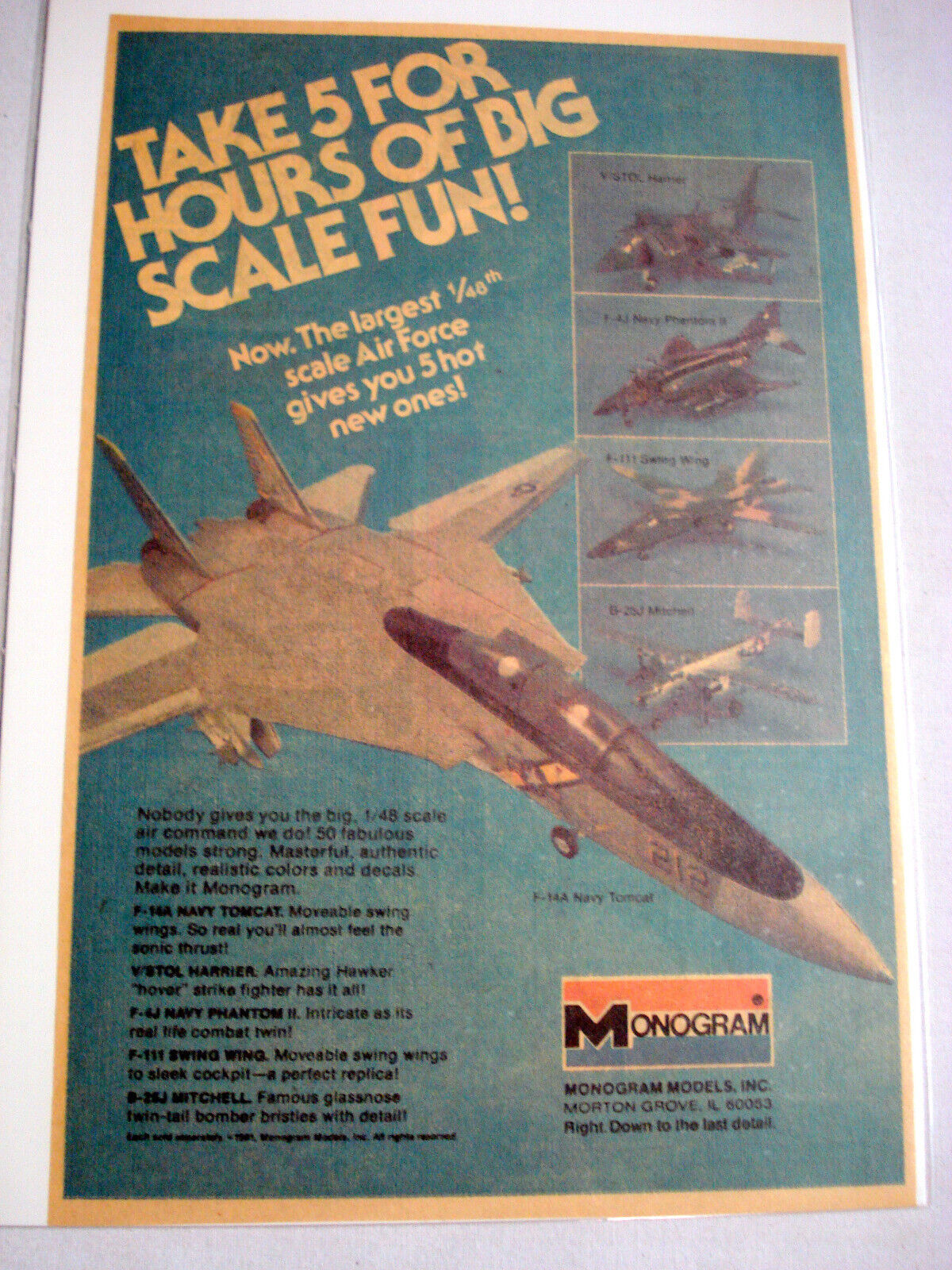 1981 Color Ad Monogram Models 1/48th F-14A, F-4J, F-111, B-25J - 1980-89