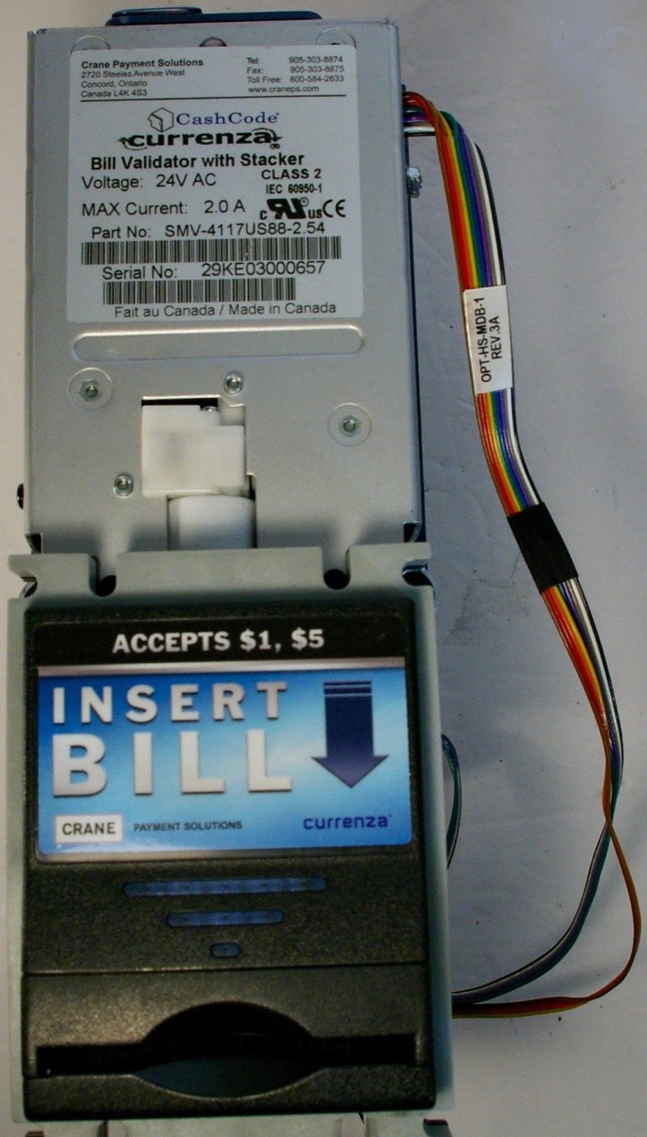 Crane Currenza Cashcode SMV-4117US88-2.54 Dollar Bill Validator Acceptor - Vending Machines ...