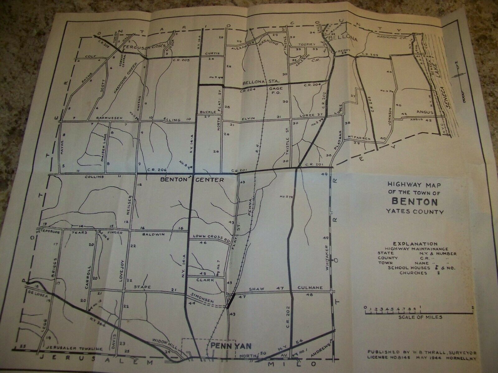 c1944 VINTAGE BENTON YATES COUNTY NY TOWN HIGHWAY ROAD MAP - North ...