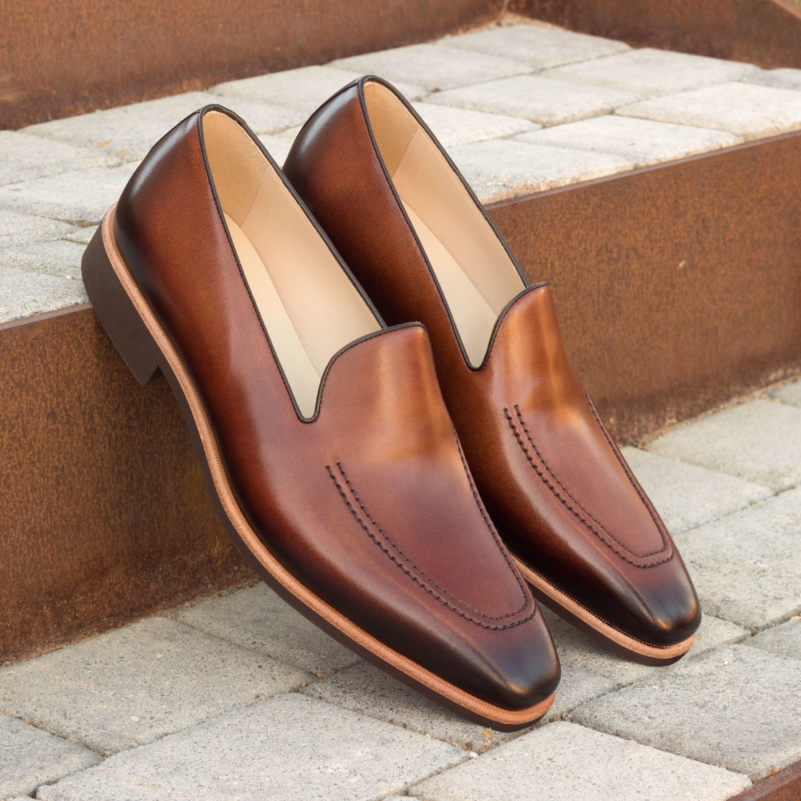 Handmade Leather Tan Patina Whole Cut Loafers For Men Custom Made Shoes Handmade Leather Tan Patina Whole Cut Loafers For Men Custom Made Shoes