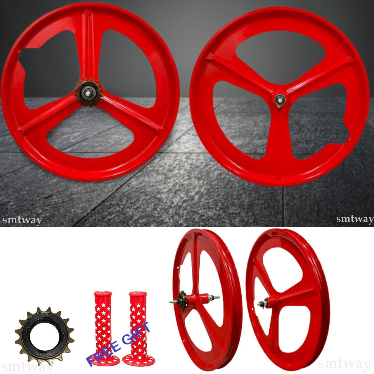 BMX Bicycle 20" ALLOY Sport Rim 3 SPOKE RED Wheelset-Hub SeT-FREE WHEEL ...