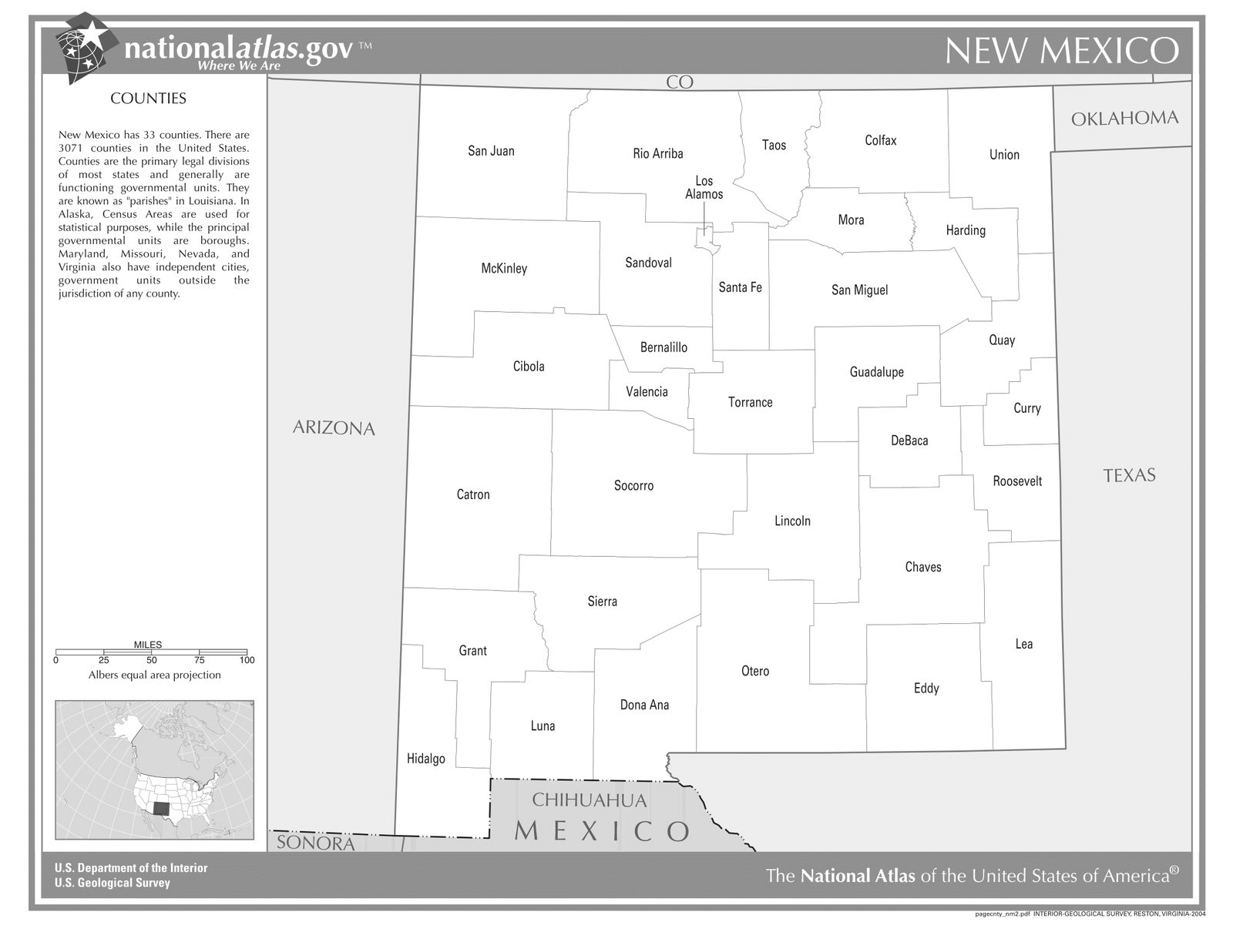 New Mexico State Counties (Black&White) Laminated Wall Map - US