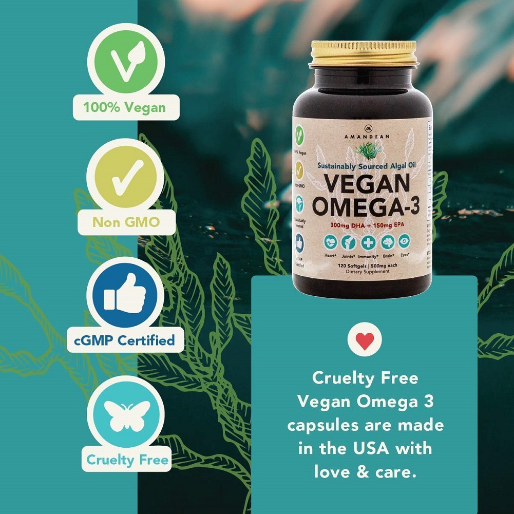 Premium Vegan Omega-3 DHA + EPA Algal Oil Supplement. 120 Count. Marine ...