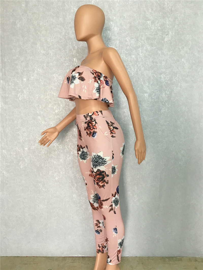 Women Sexy Off Shoulder Ruffled Crop Top Pants Set 2 Piece Floral Print Jumpsuit Jumpsuits
