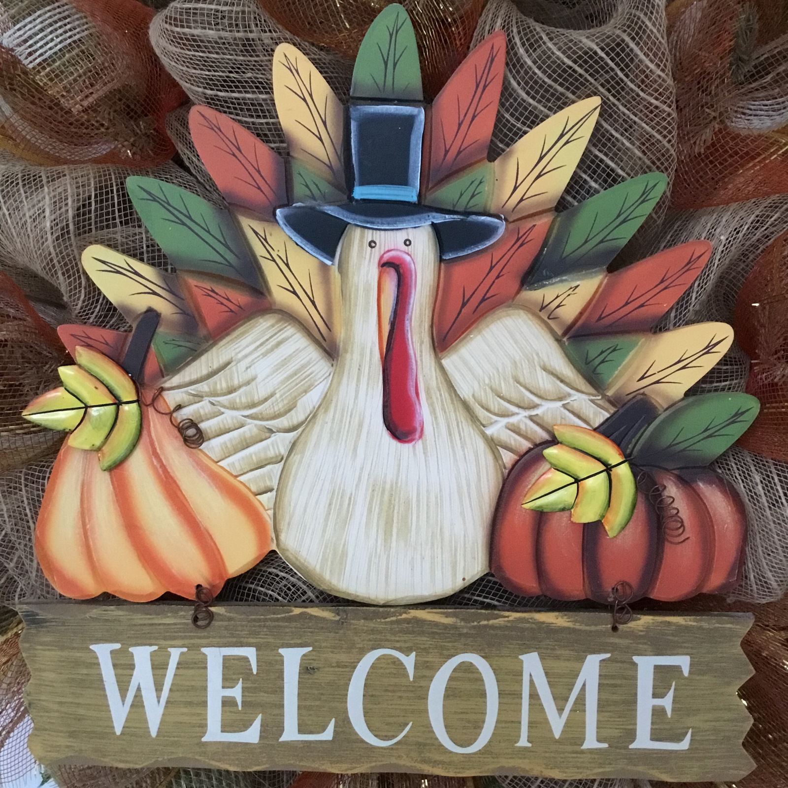 Wood Thanksgiving Turkey With Welcome Sign Burlap Deco Mesh Wreath ...