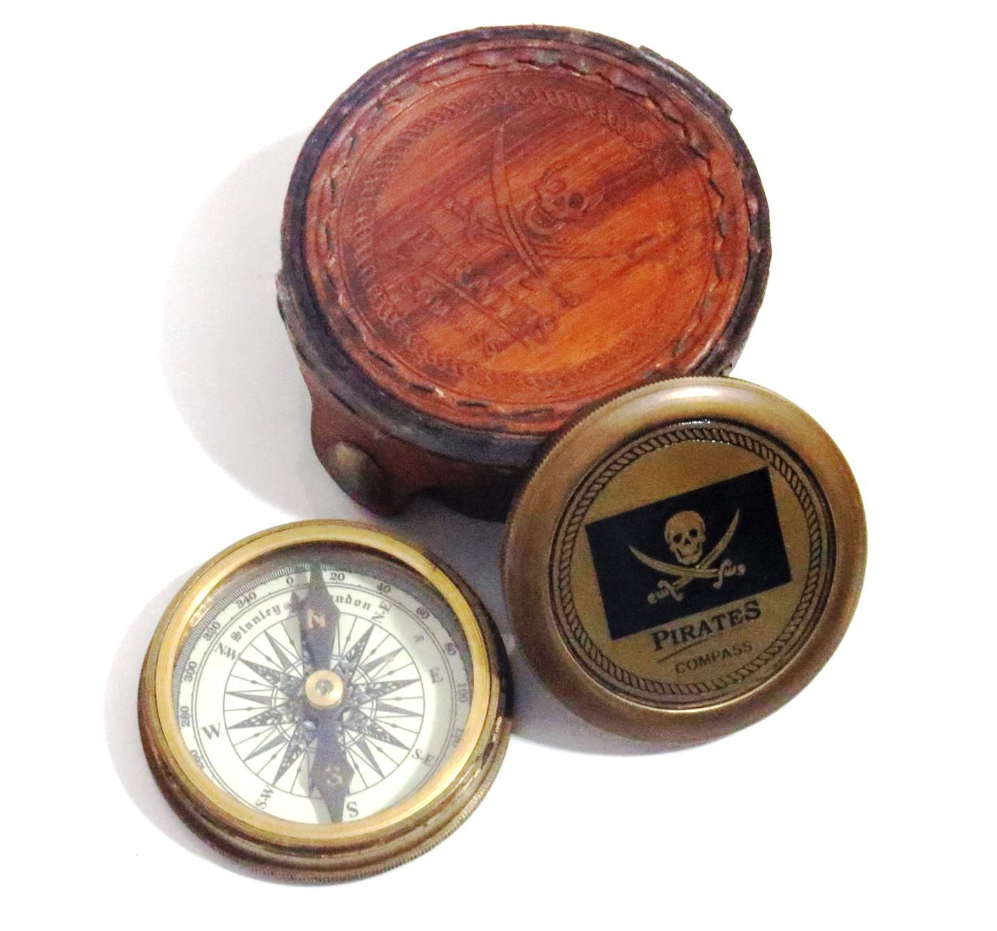 NauticalMart 2" Pocket Antique Brass Pirate Compass W/Leather Case ...