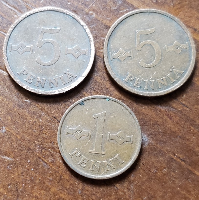 Three coins from Finland: Suomen Tasavalta 1 & 5 Penni 1963, 1973, 1974 ...