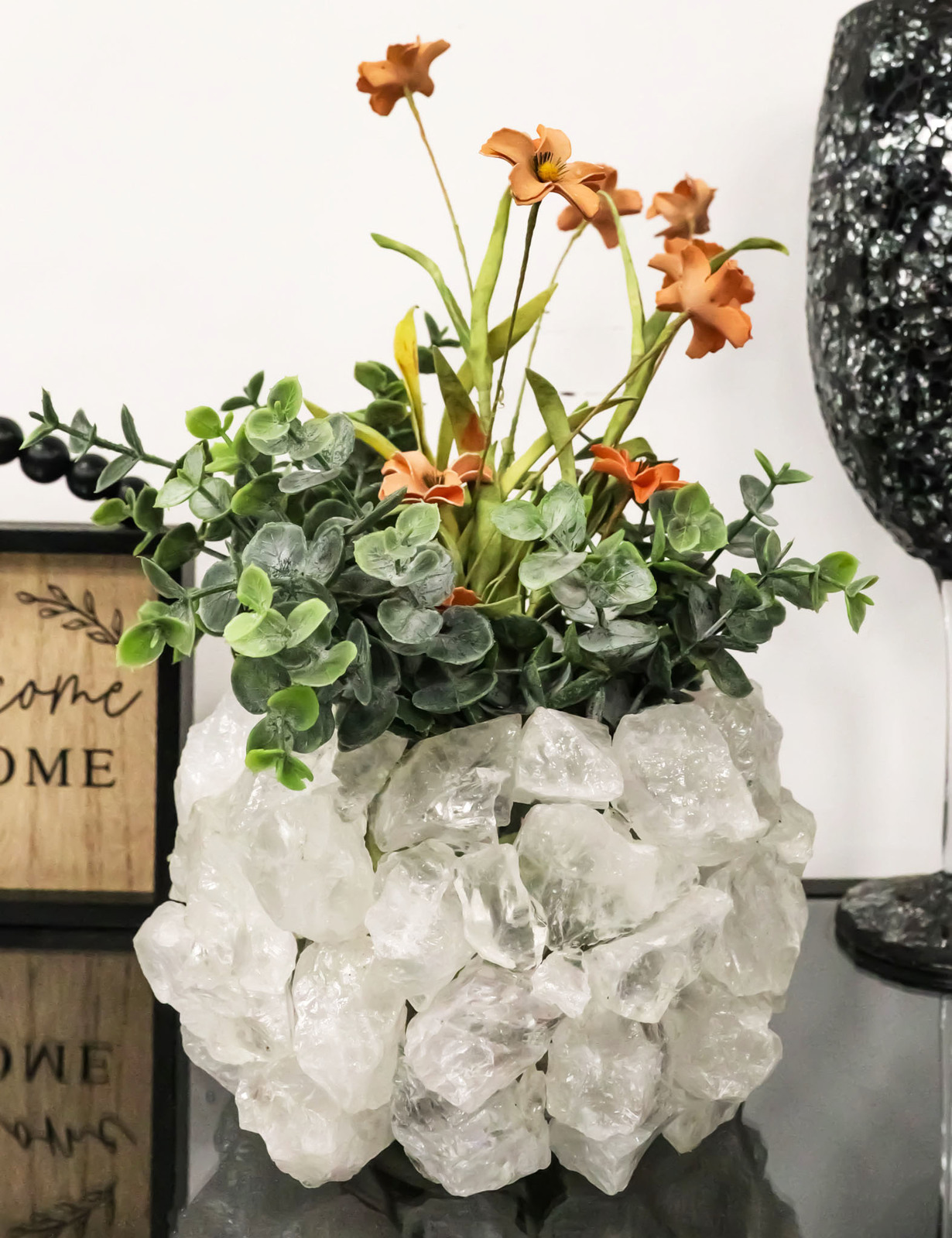 Faux Quartz Crystal Mineral Rocks Floral Vase Acrylic Resin Accent ...