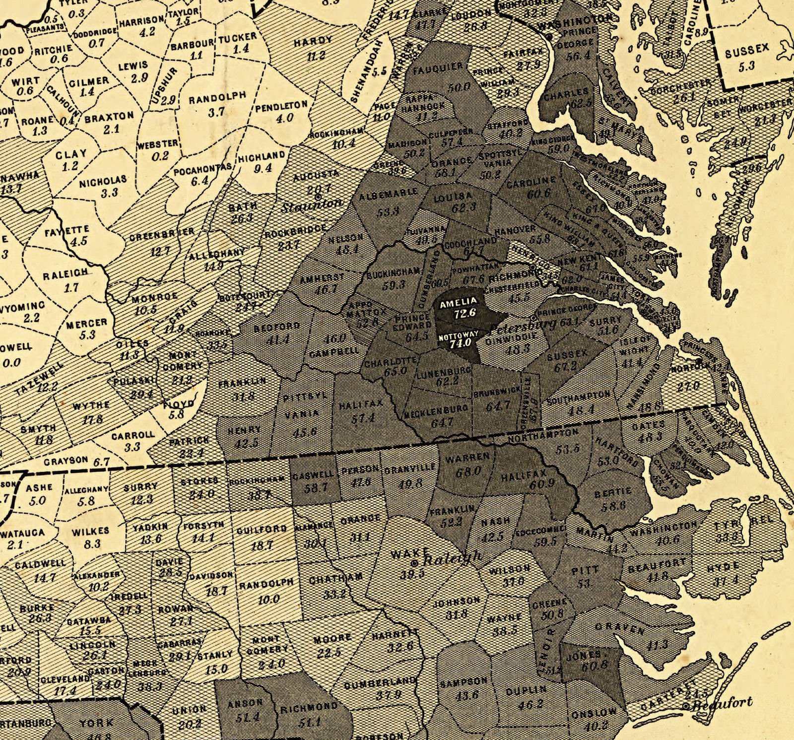 1860 Slave Population Southern US Census Map and similar items