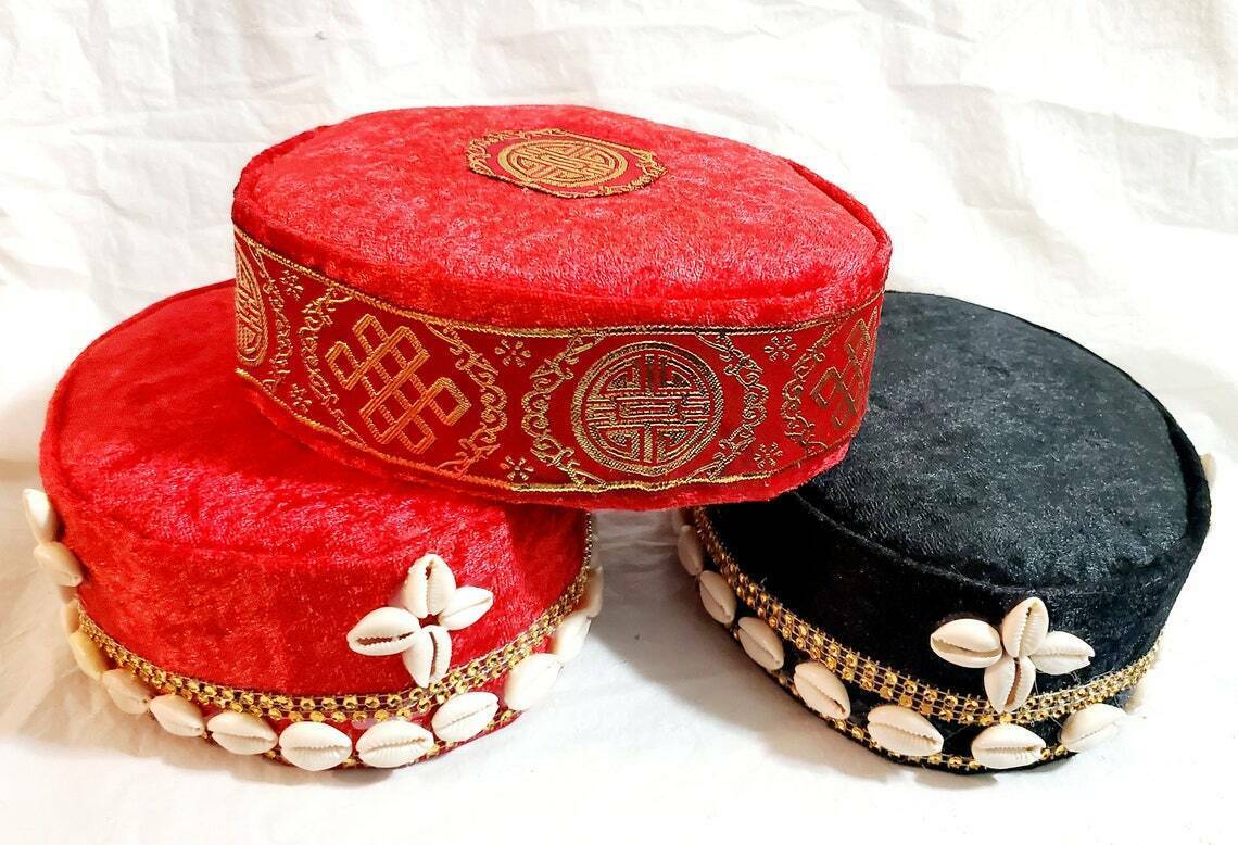 Traditional Igbo Red kufi Velvet Hat With Cowries. Larry Gaga style ...