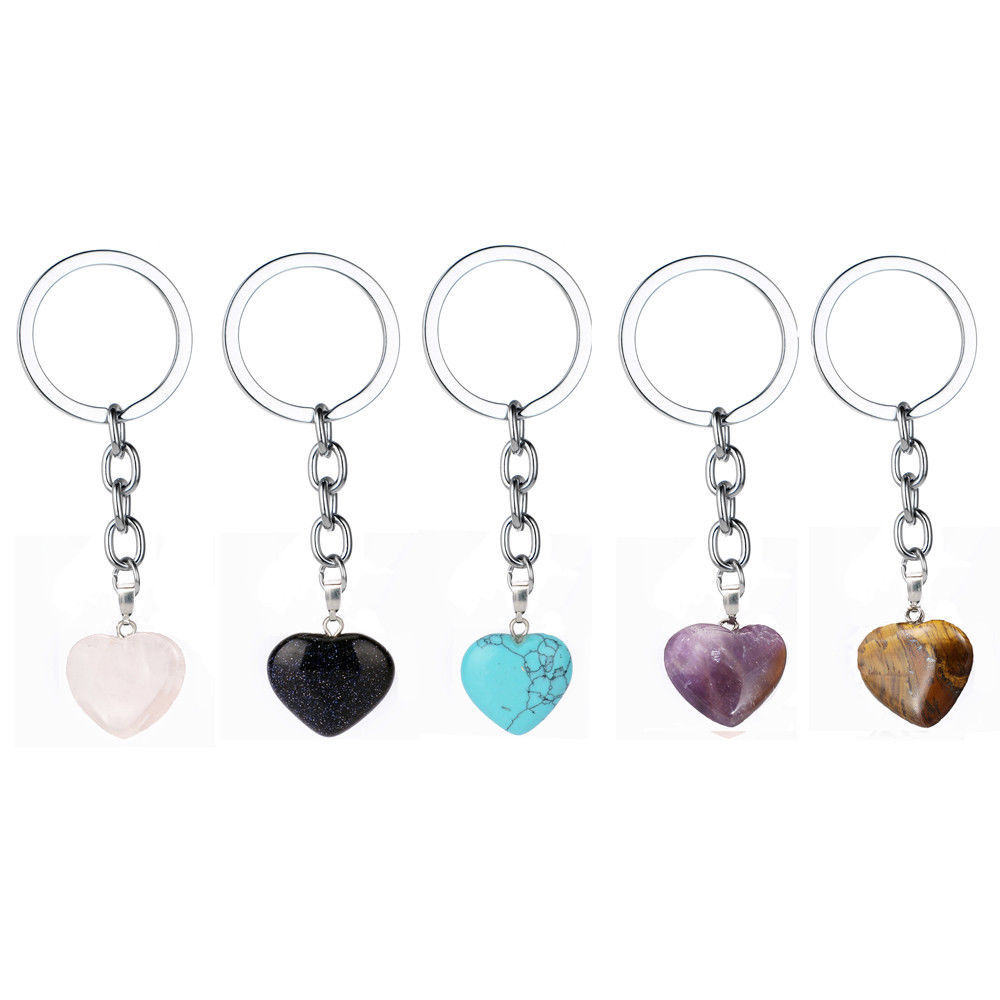 Gemstone Natural Stone Heart Keyring Crystal Quartz Healing Key Ring ...