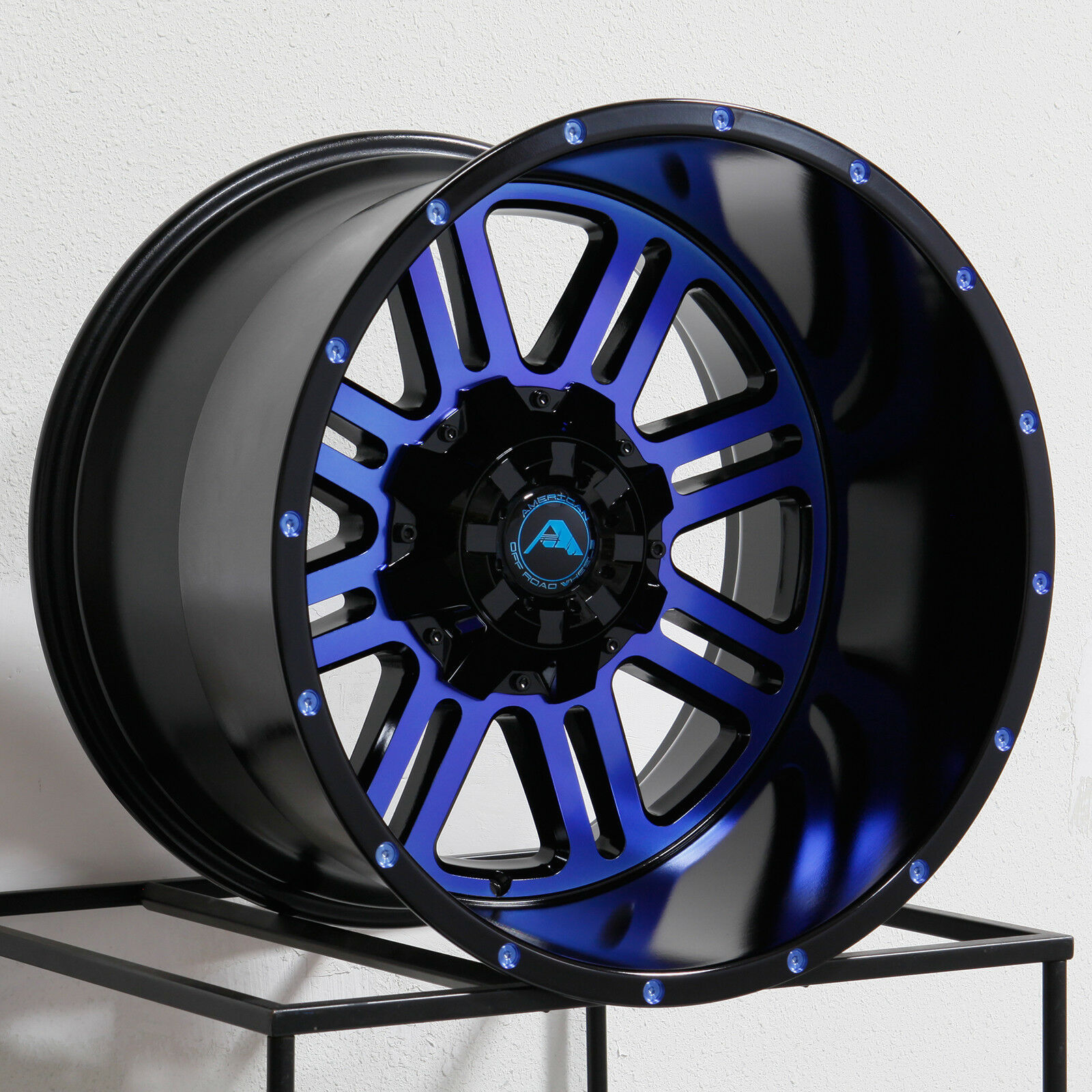 One 20x14 American Off-Road A106 8x6.5 -76 Black Machined Blue Wheels ...