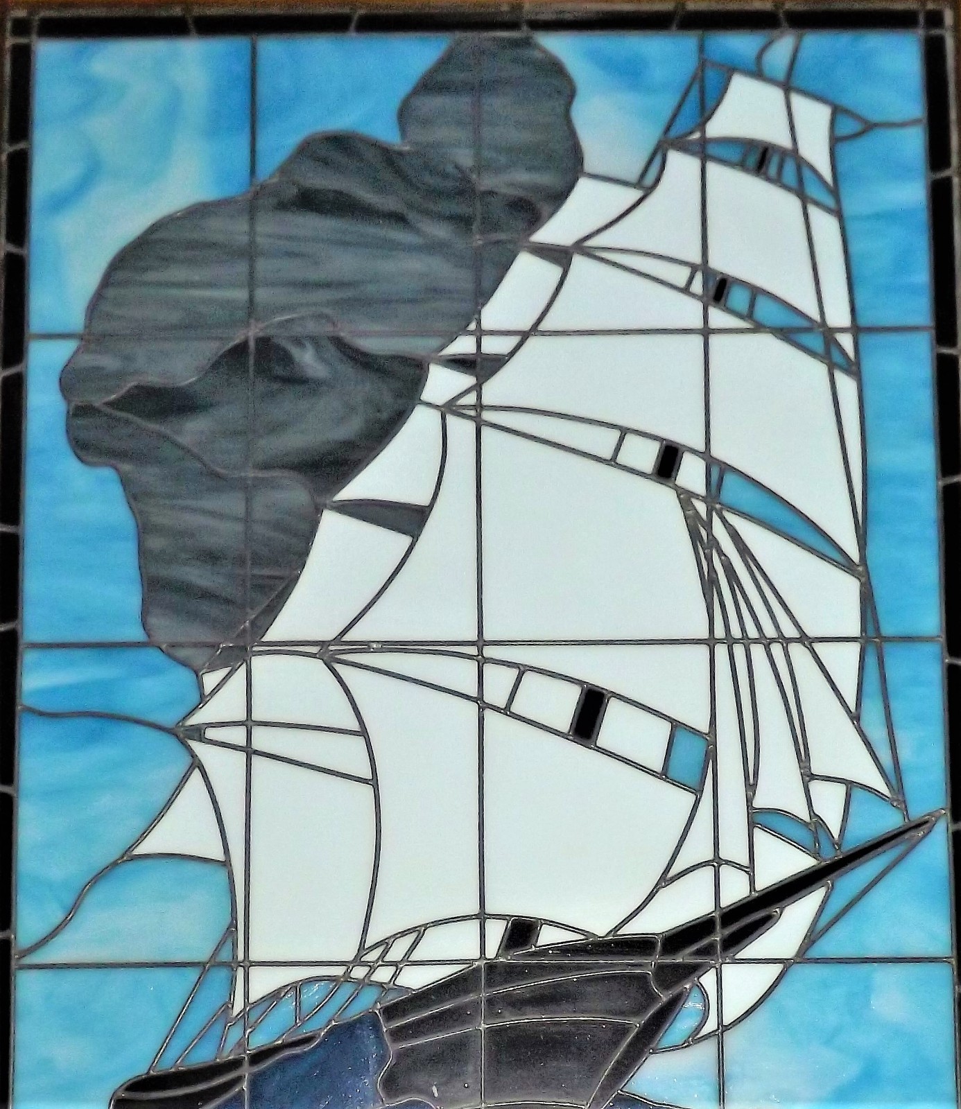 1880-1920 Arts and Crafts Stained Glass Window of Galleon in Original ...