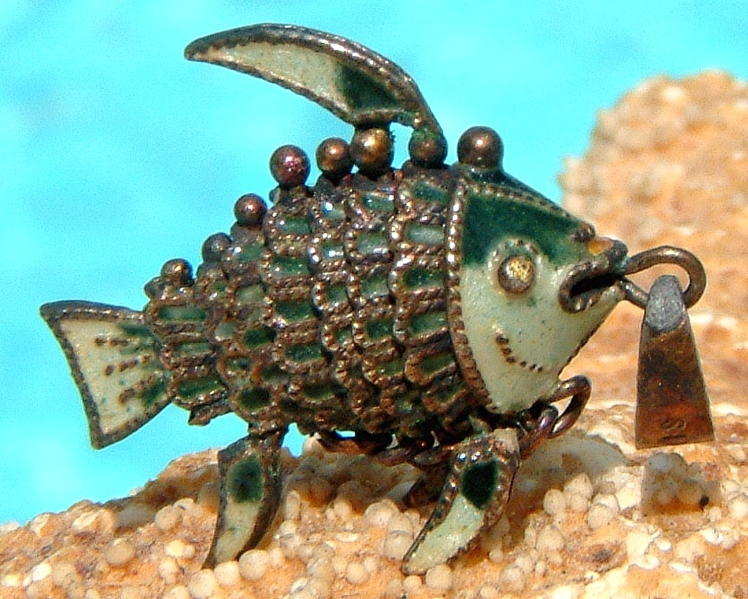 Vintage Fish Koi Articulated Chinese Charm Pendant Enamel Green Silver ...