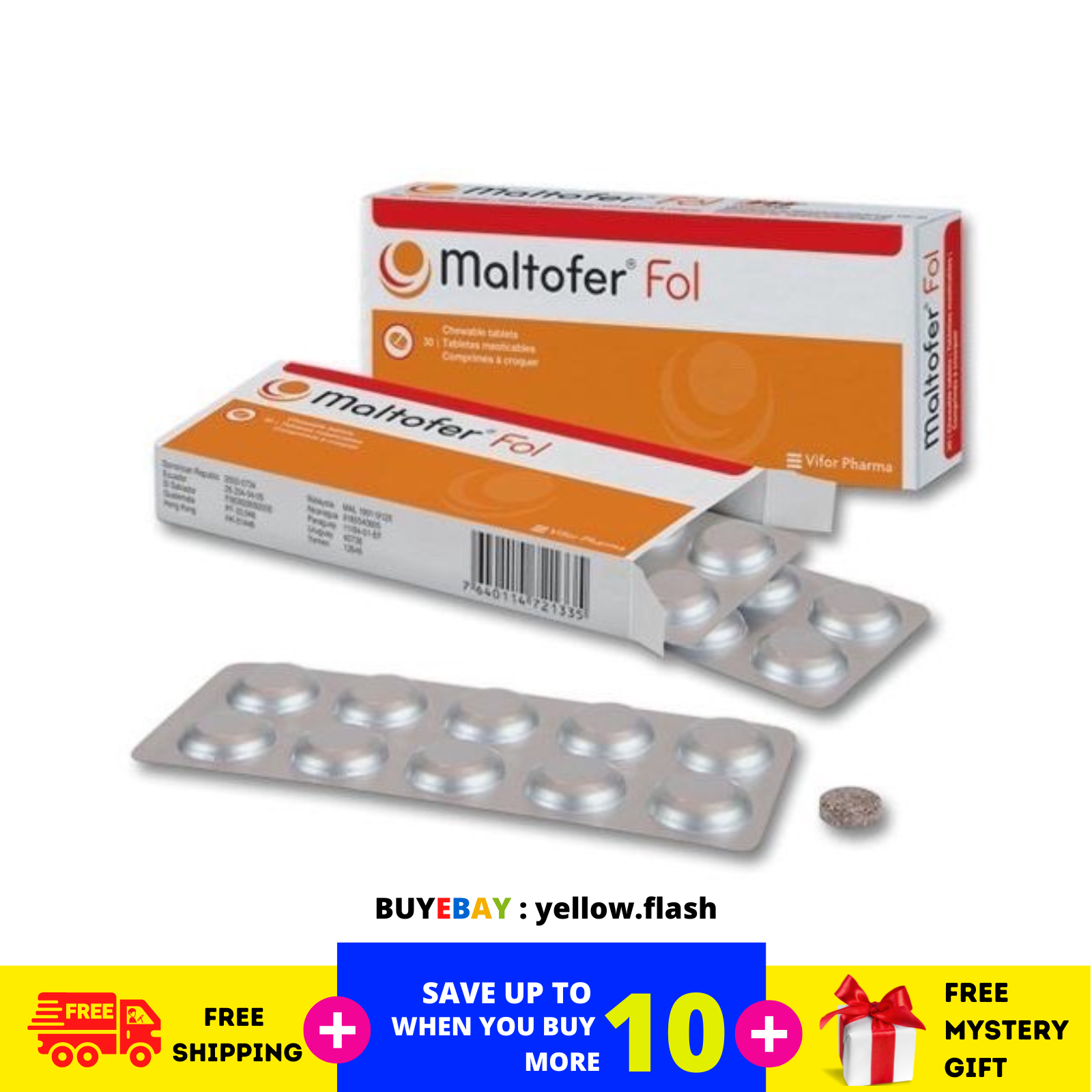 5 Cajas MALTOFER FOL TABLETAS MASTICABLES 30'S Para Deficiencia de ...