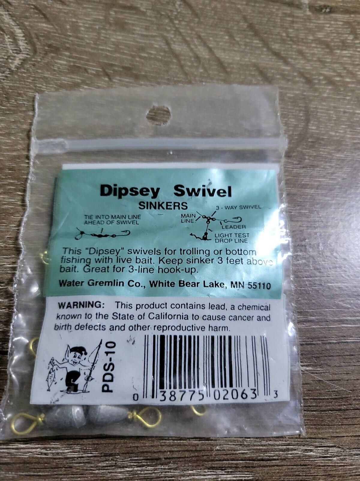 Water Gremlin, Dipsey Swivel Sinkers. PDS-10, SZ 1/8, QTY 7. Lead ...