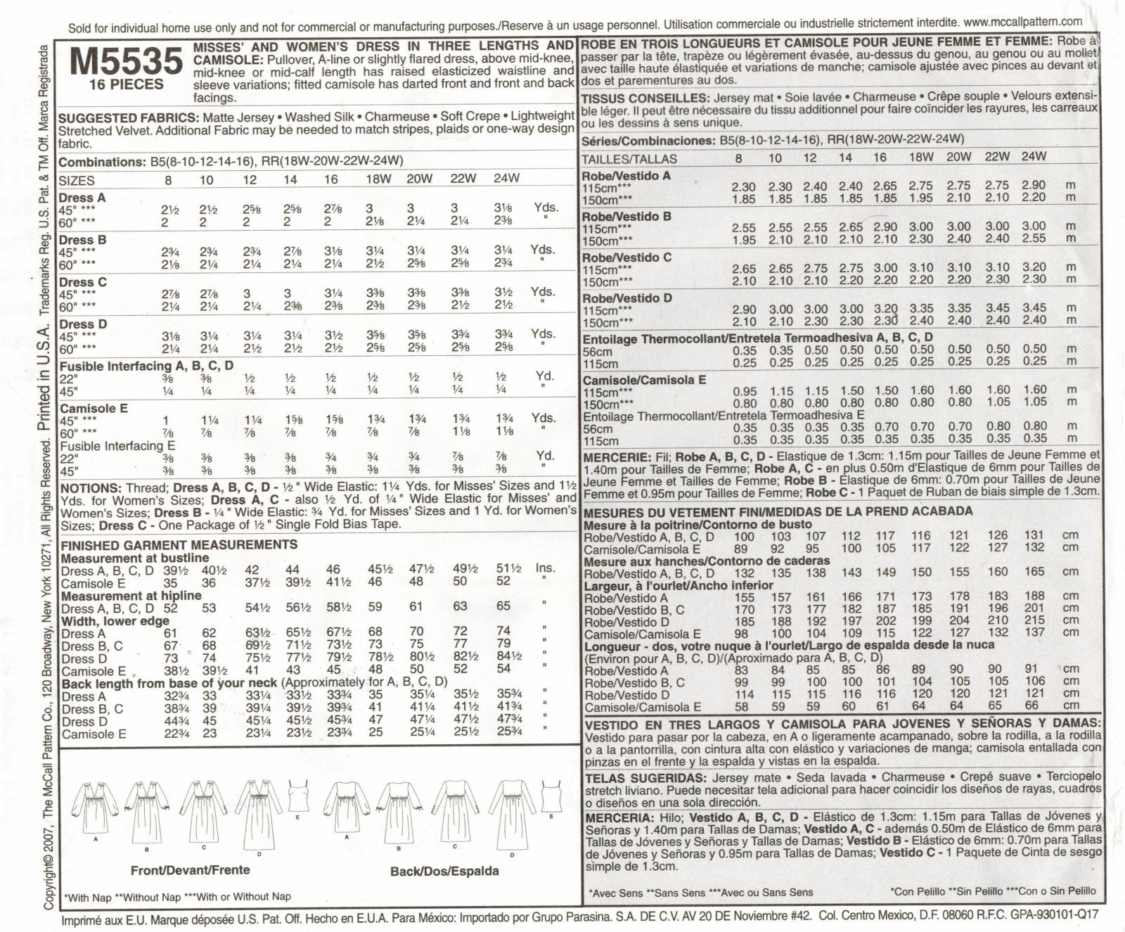 Women's Plus Size Pullover Elastic Waist Dress Camisole Sew Pattern 18W ...