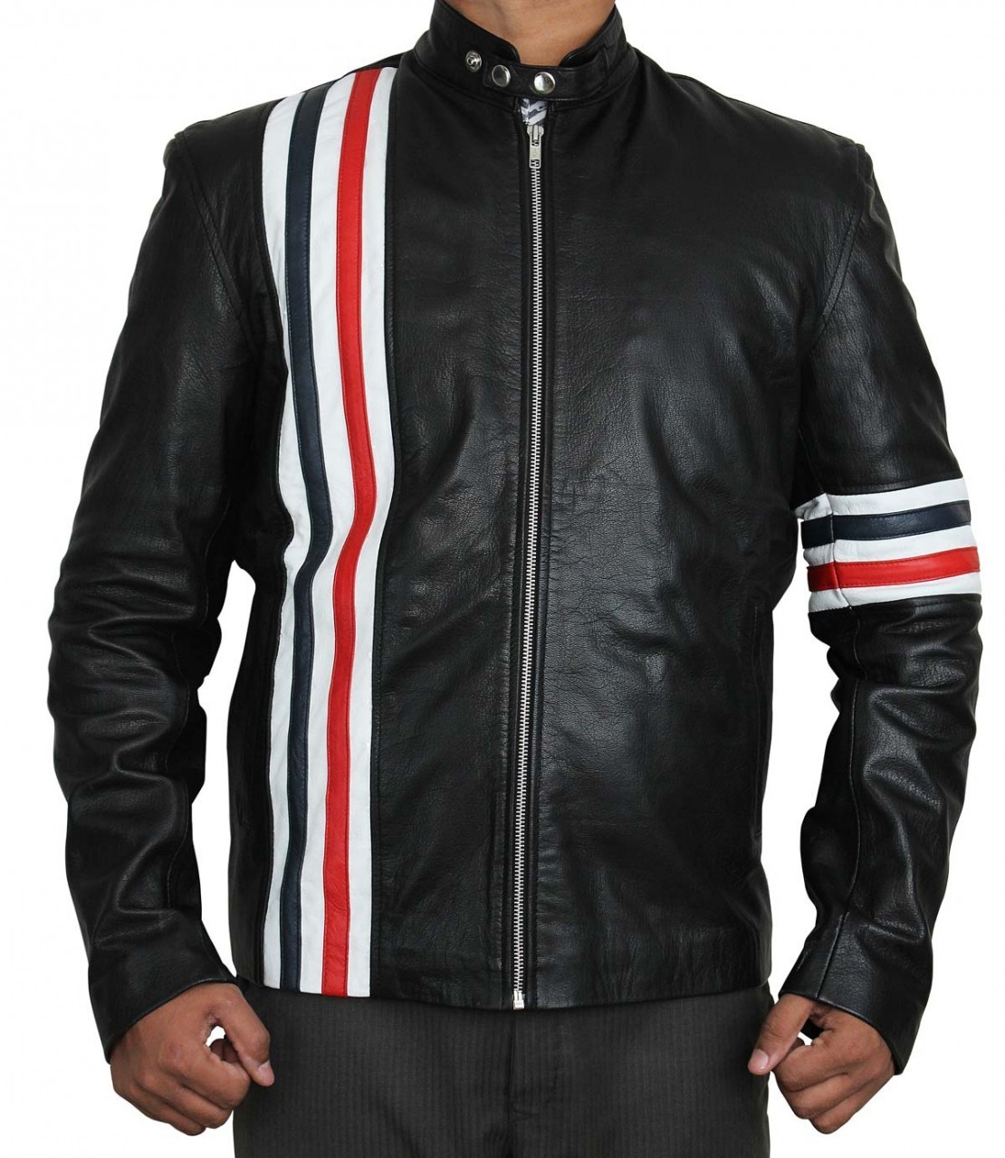 Easy Rider Men's Red White and Blue Stripe Front Zip Motorbike Leather ...