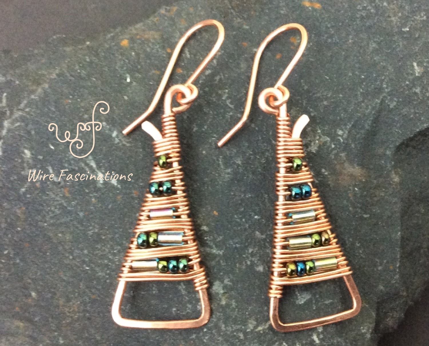 Handmade copper earrings: long triangles wire wrapped with blue bugle ...