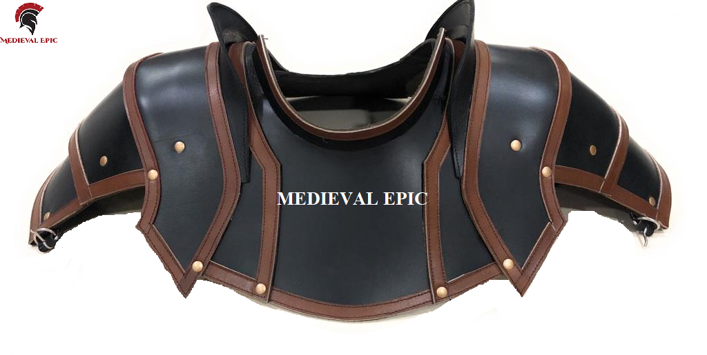 Leather Shoulder Armor Pauldrons with Neck Guard Gorget (Black, Medium ...