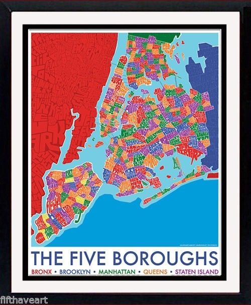 New York 5 Boroughs Map Postert Framed & Mated Print 25 x 30 - Art Prints