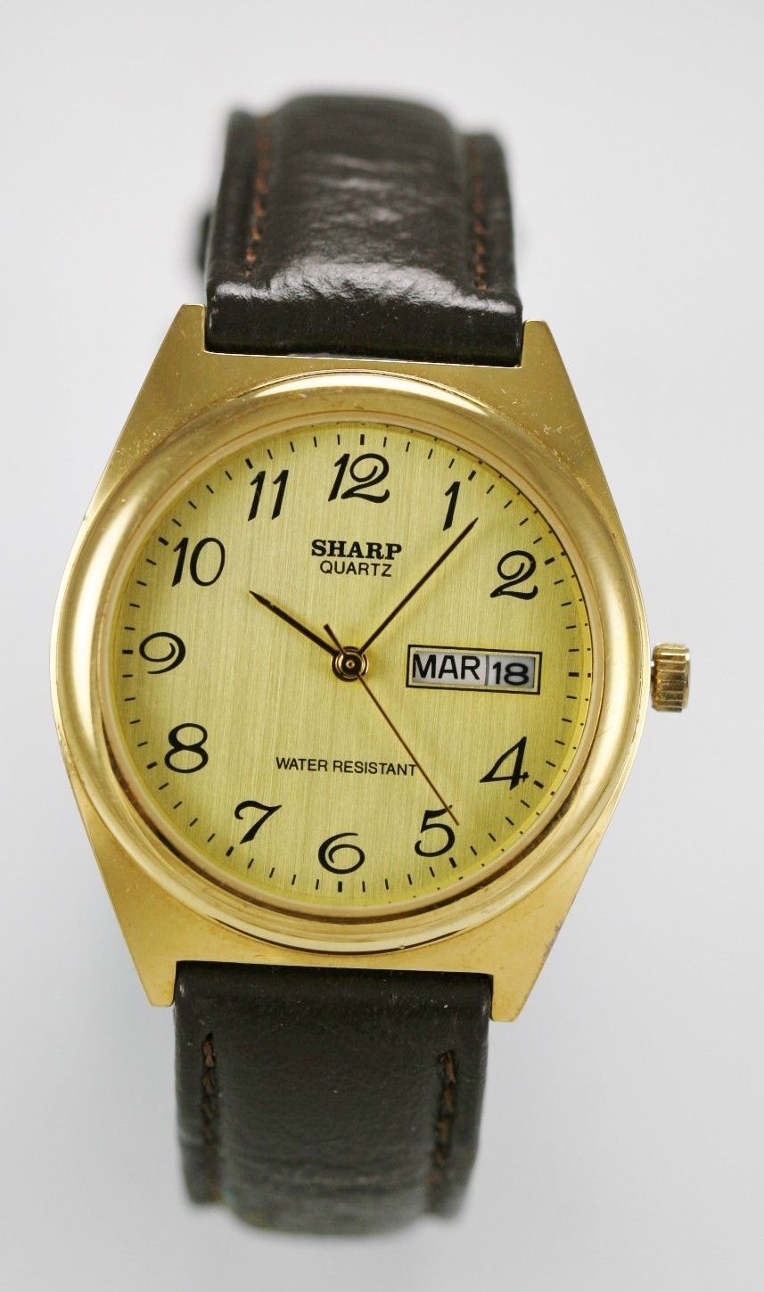 Sharp Watch Mens Day Date Stainless Steel Gold Water Resist Leather ...