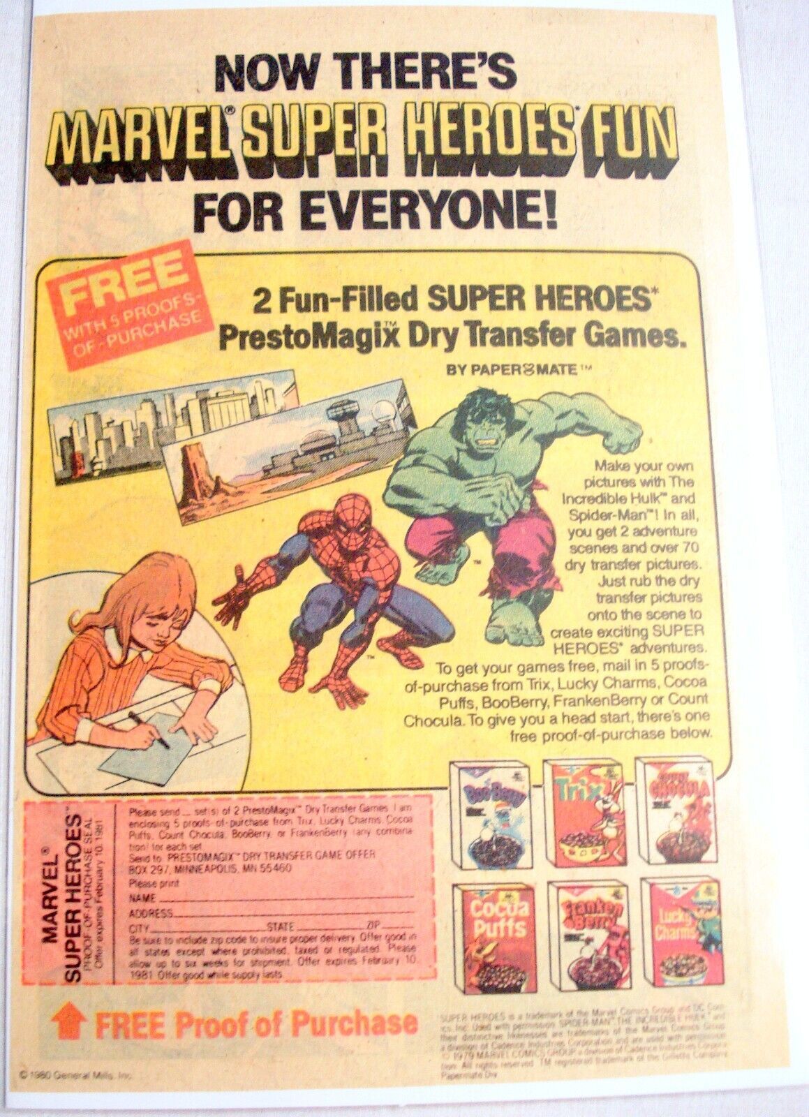 1980 Spider-Man and Hulk Prestomagix Dry Transfers Ad - General Mills