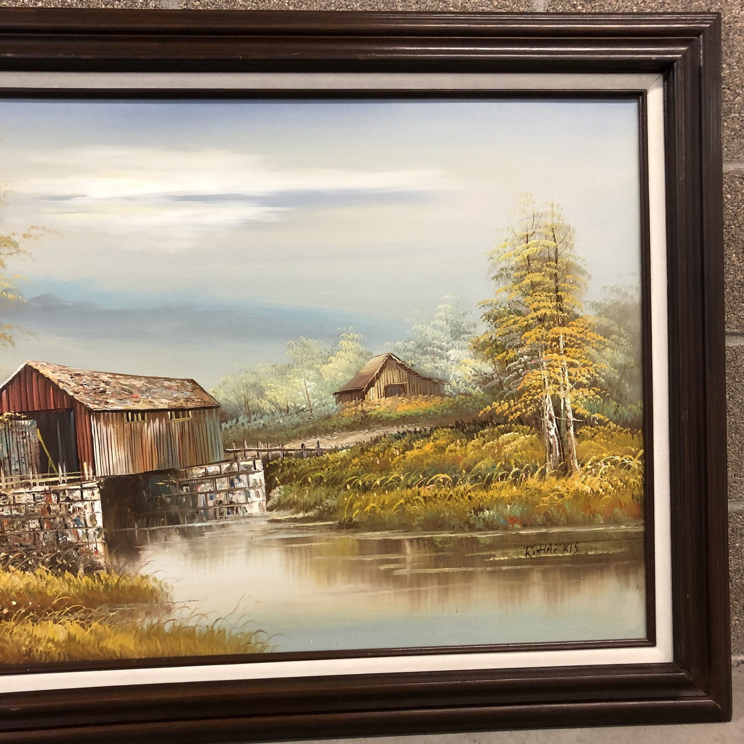 Vintage Signed R. Harris Oil Painting Covered Bridge Rural Landscape ...
