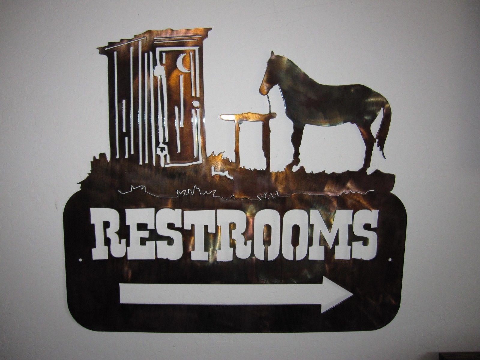 Western Outhouse Restroom Sign w/ Arrow - Metal Wall Art - Copper 18 ...