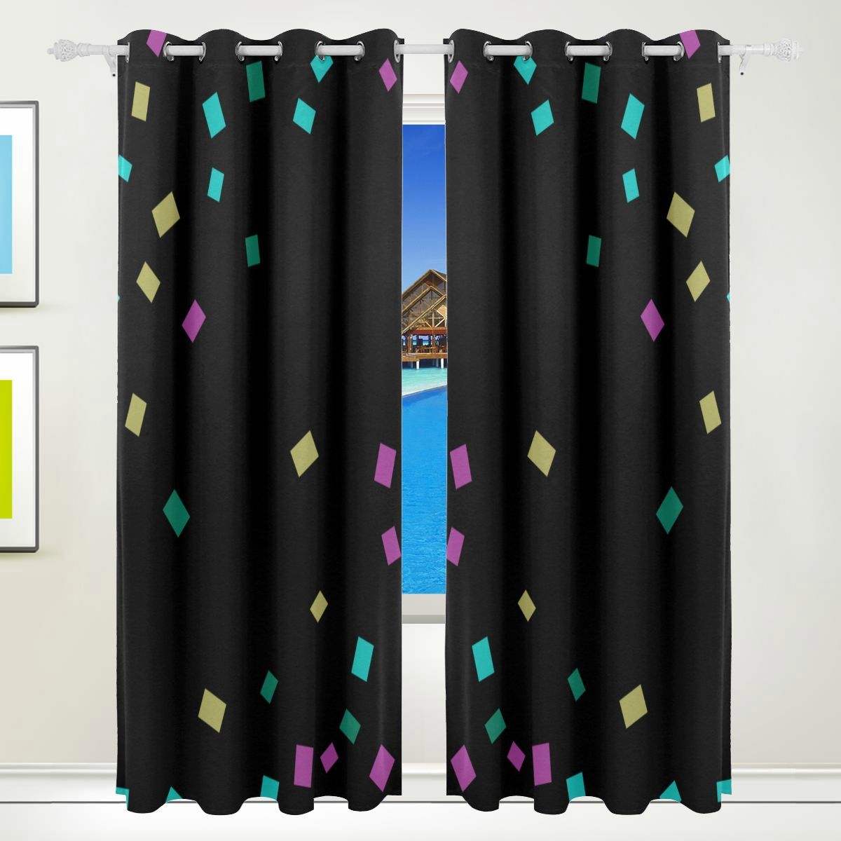 Men Curtains For Living Room Neon 7d Shapes Dark Background Cube Print ...