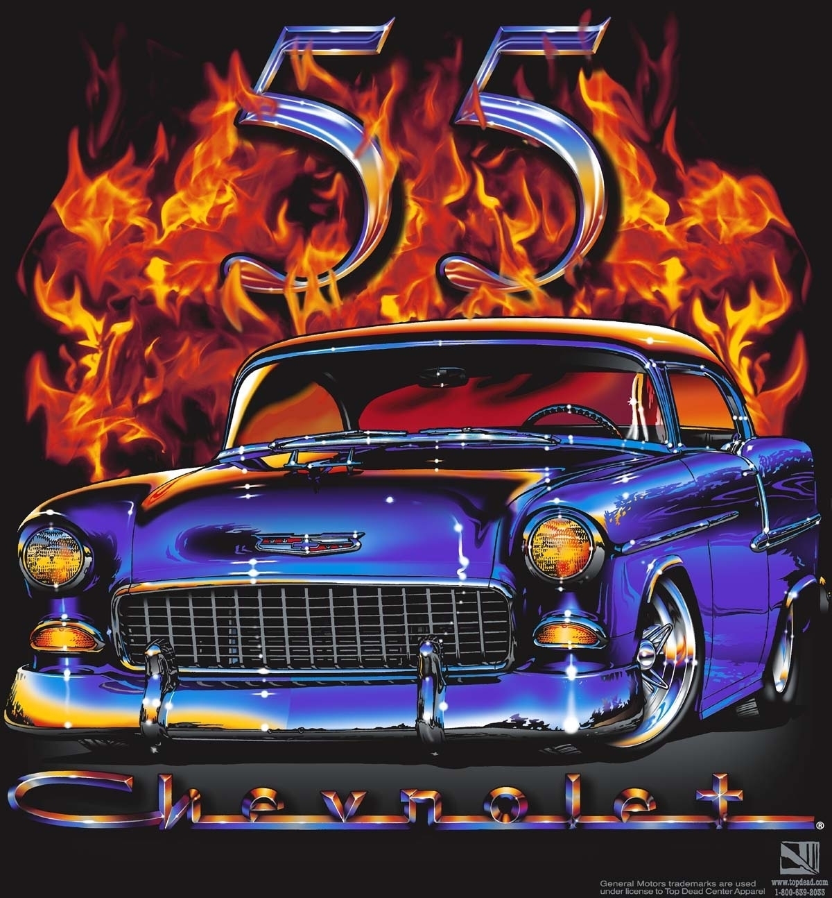 '55 Chevy on a large new black tee shirt w/flames (Out of Print & Stock ...