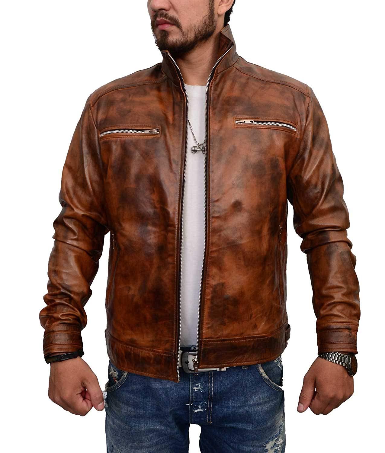 Cafe Racer Jacket Men Stand up Collar Distressed Brown Real Leather ...
