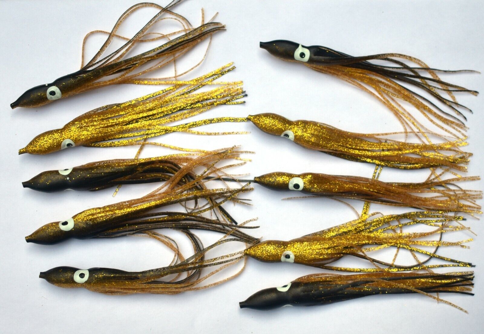 10 pk 4 3/4" GOLD/BROWN SPARKLE heavy duty OCTOPUS HOOTCHIE SKIRTS GLOW ...