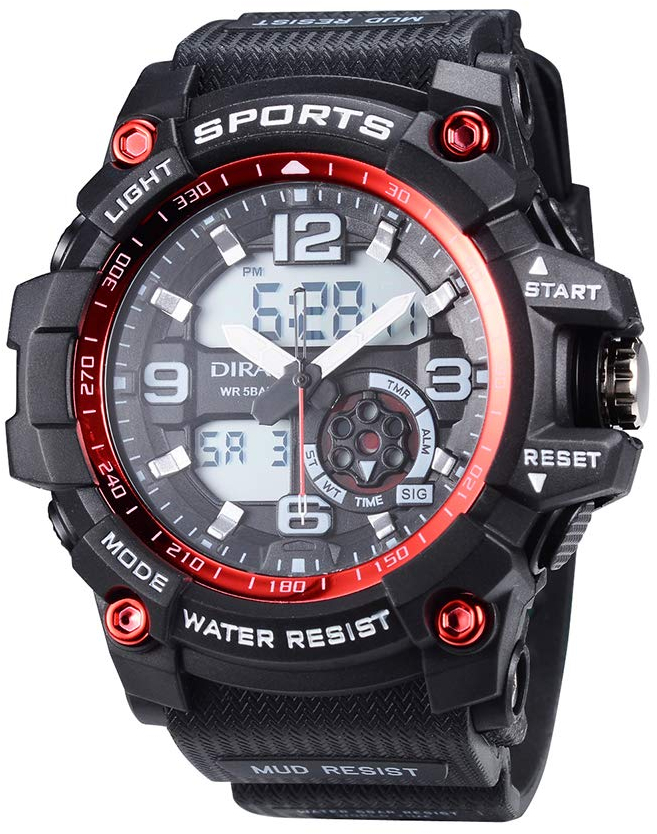DIRAY Men's Digital Watch Dual Time Waterproof Outdoor Multifunction ...